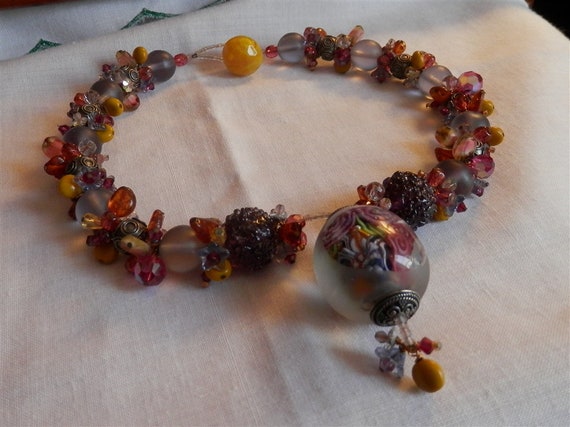Blown Glass Floral Focal Bead Necklace - OOAK - Gem