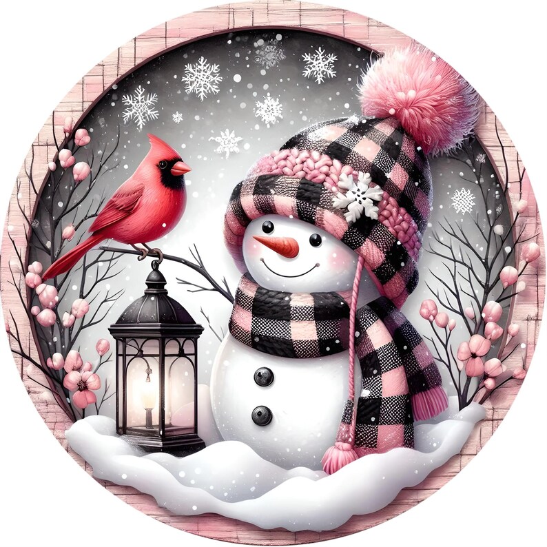 Snowman Wreath Sign, Cardinal Sign, Pink Christmas Sign, Circle ...