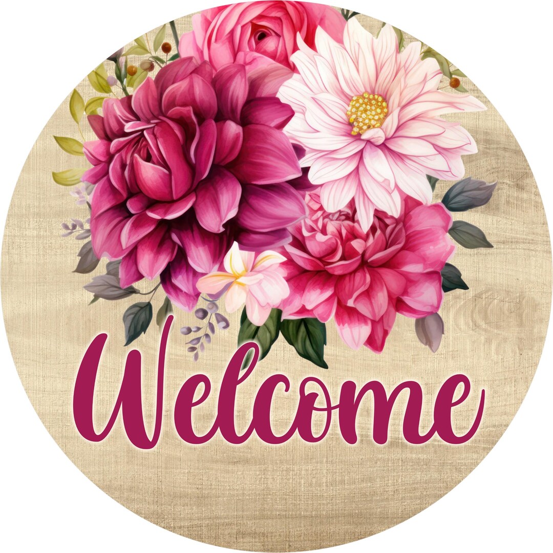 Welcome Floral Wreath Sign, Wreath Attachment, Round Sign, Floral Sign ...