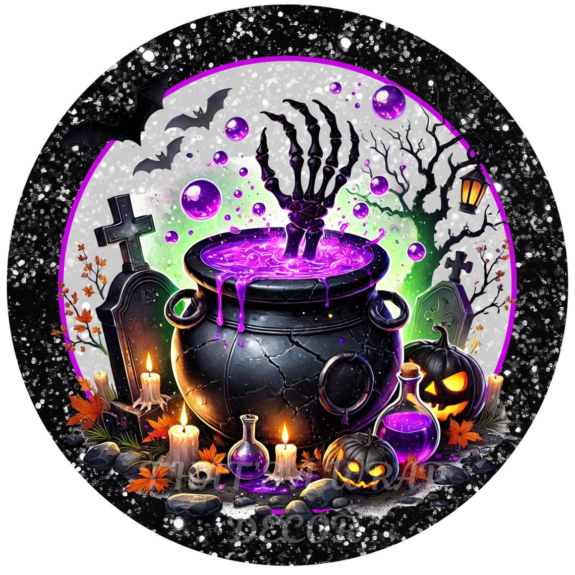 Halloween Cauldron Wreath Sign, Wreath Attachment, Graveyard, Round ...