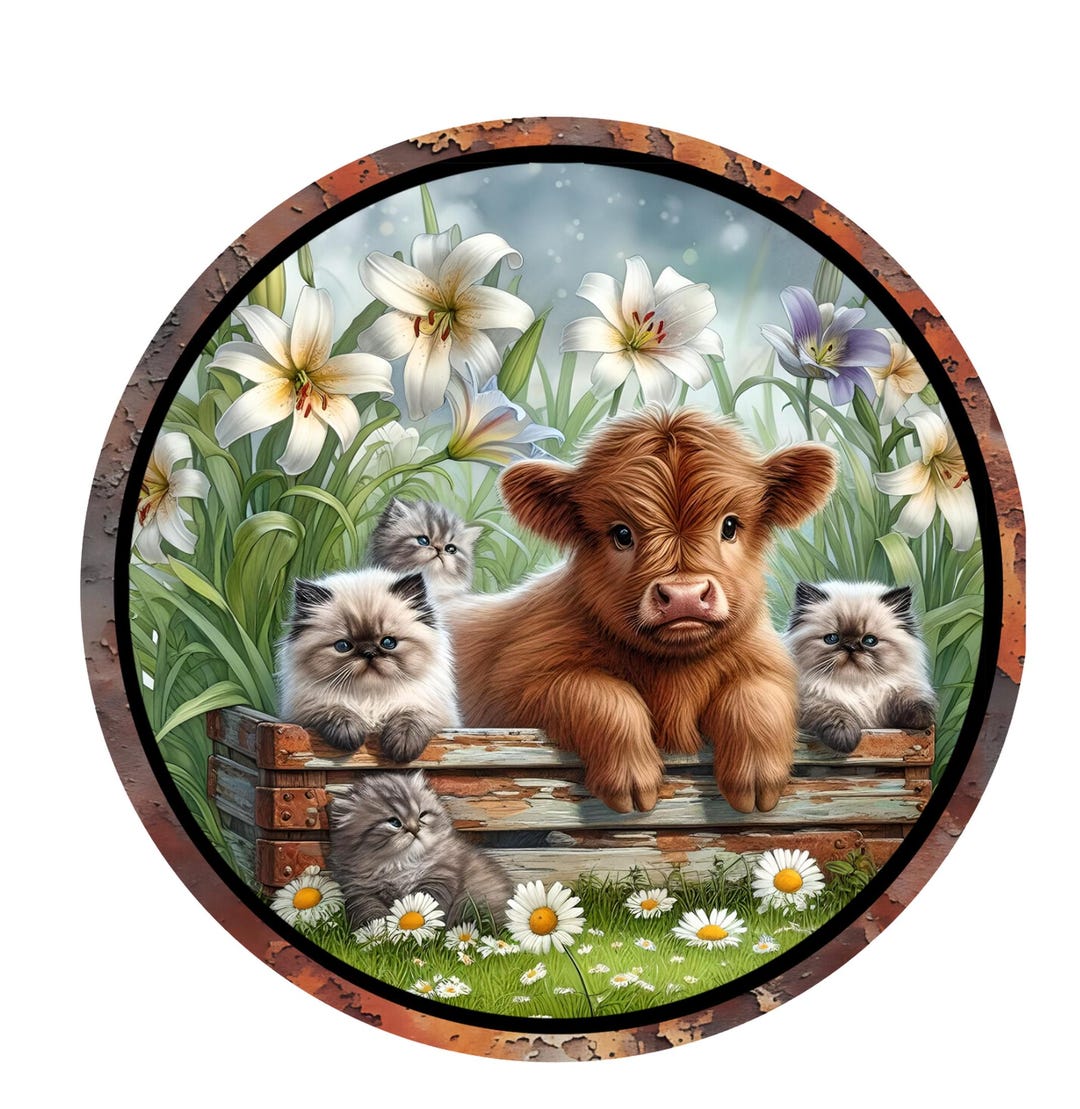 Highland Cow Wreath Sign, Kittens Sign, Cow Wreath Attachment, Round ...