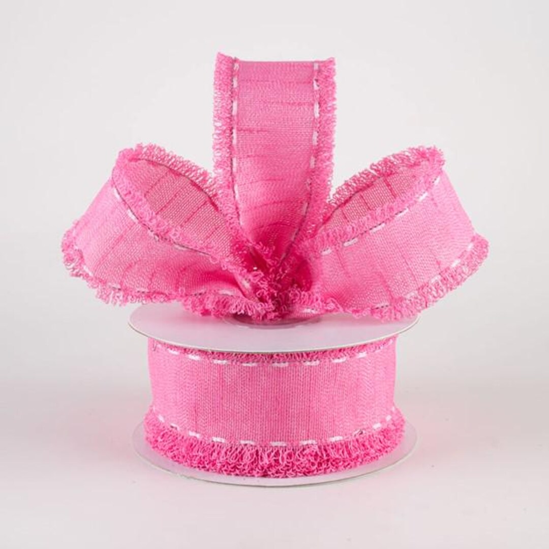 10 Yards, 1.5 Pink Fuzzy Edged Wired Ribbon, Pink & White Stitching ...