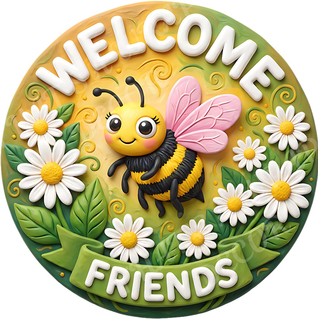 Bee Wreath Sign, Welcome Friends, Wreath Attachment, Round Metal Sign ...