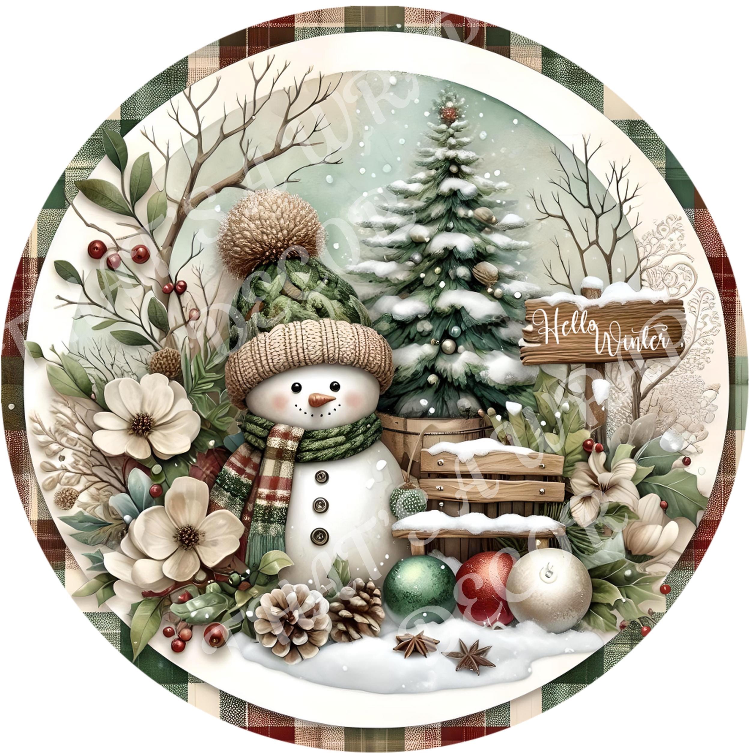 Snowman Wreath Sign, Hello Winter, Christmas Sign, Circle Aluminum Sign ...