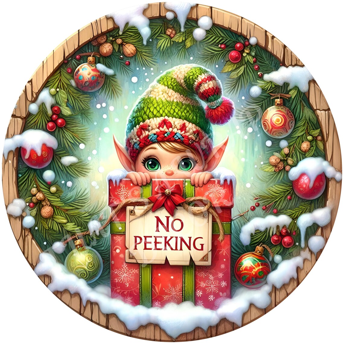 Elf Wreath Sign, Holiday Sign, Christmas Sign, No Peeking, Winter Decor ...