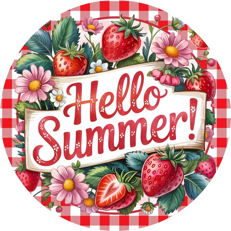 Strawberry Hello Summer Wreath Sign, Wreath Attachment, Round Sign ...