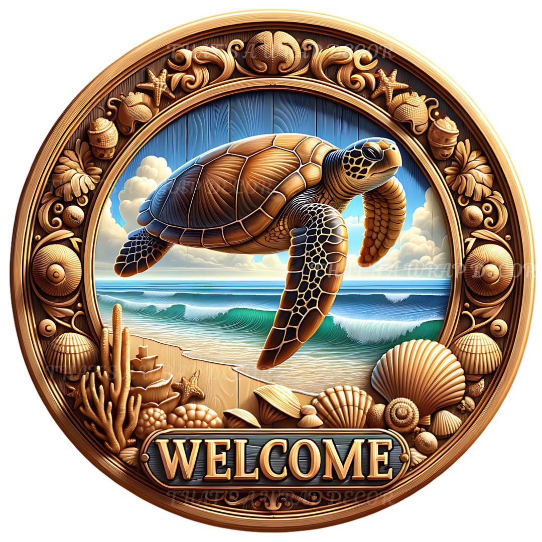 Welcome Sea Turtle Sign, Wreath Attachment, Round Metal Sign, Ocean ...