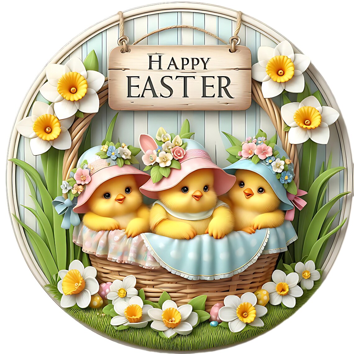Happy Easter Wreath Sign, Easter Chicks, Round Wreath Sign, Wreath ...