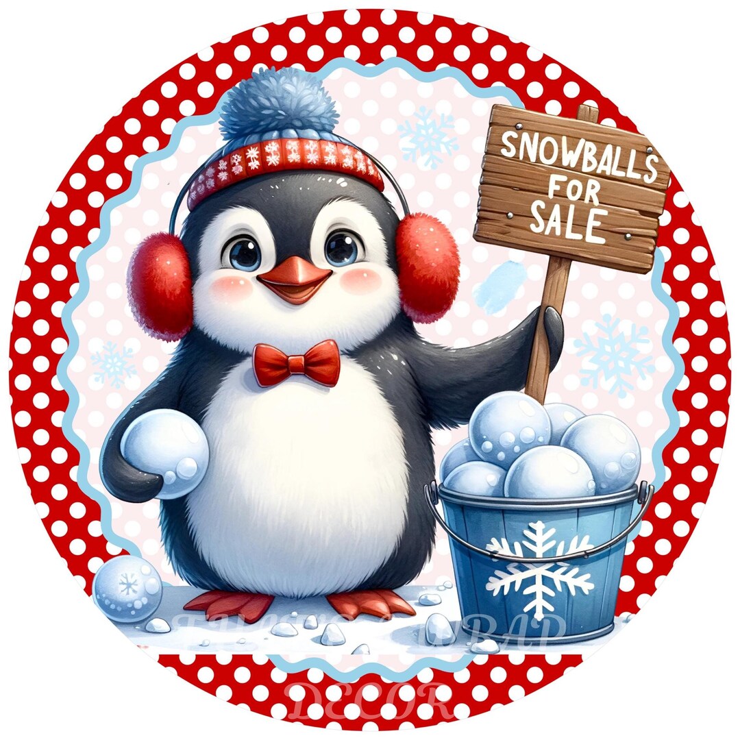 Penguin Wreath Sign, Winter Sign, Wreath Attachment, Round Metal Sign ...