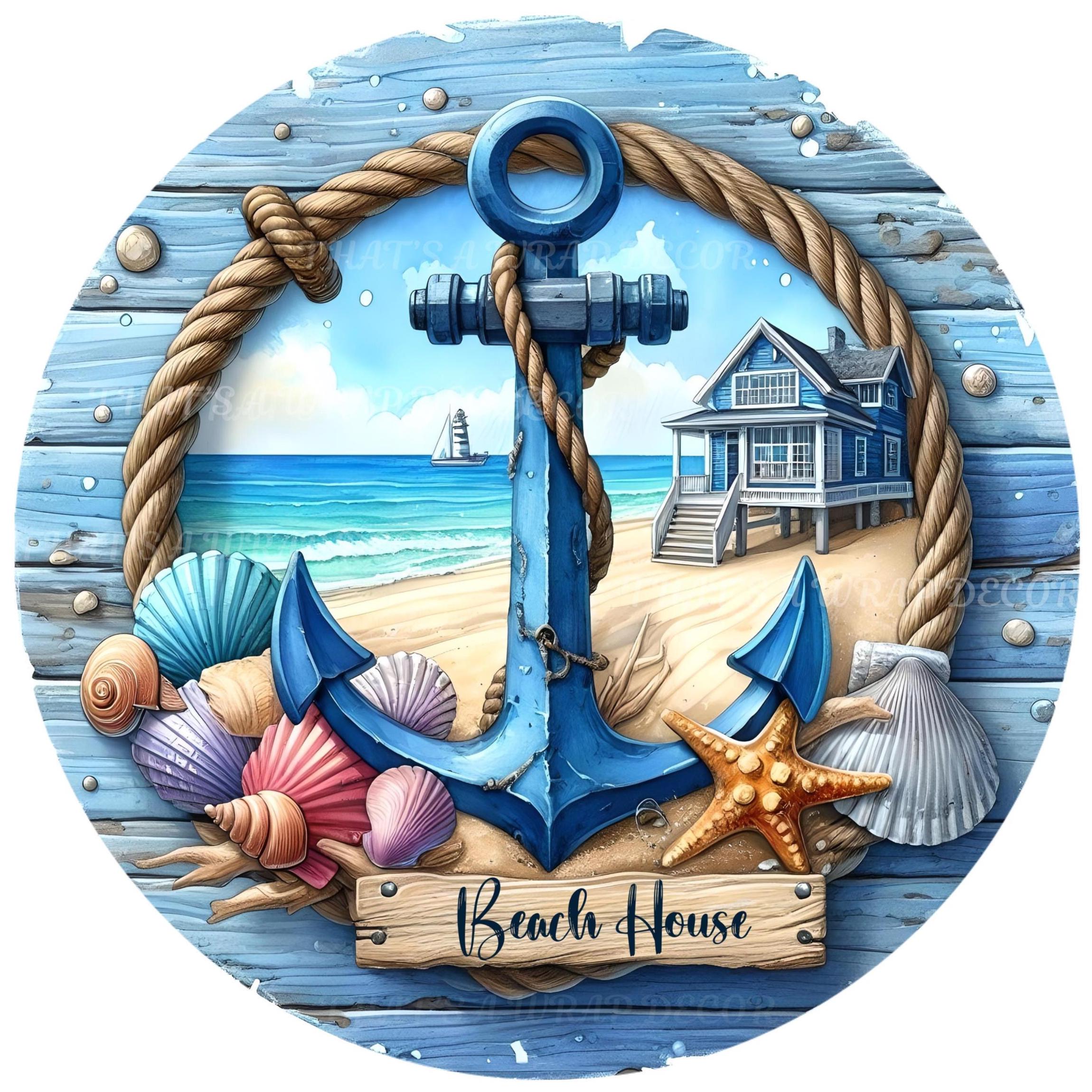 Beach House Wreath Sign, Wreath Attachment, Round Metal Sign, Nautical ...