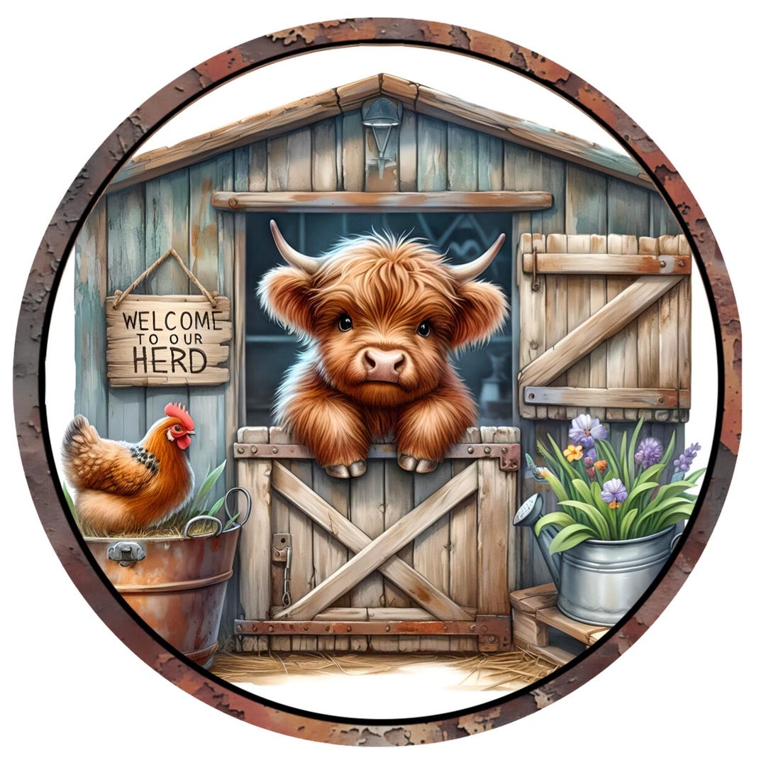 Highland Cow Wreath Sign, Welcome Sign, Cow Wreath Attachment, Round ...