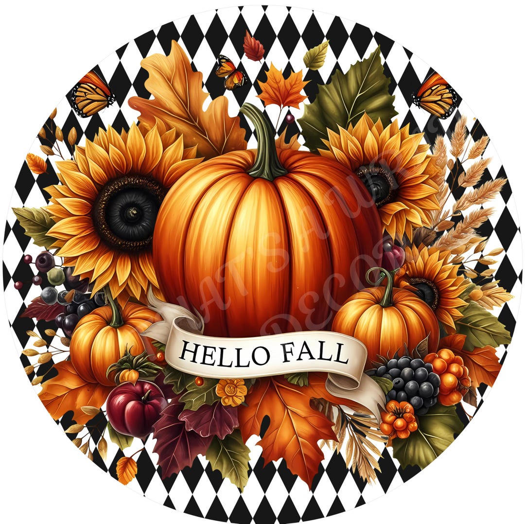 Hello Fall Pumpkin Wreath Sign, Sunflower Sign, Wreath Attachment, Fall ...