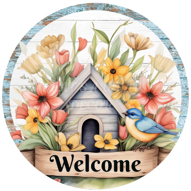 Welcome Birdhouse Wreath Sign, Wreath Attachment, Round Metal Sign ...