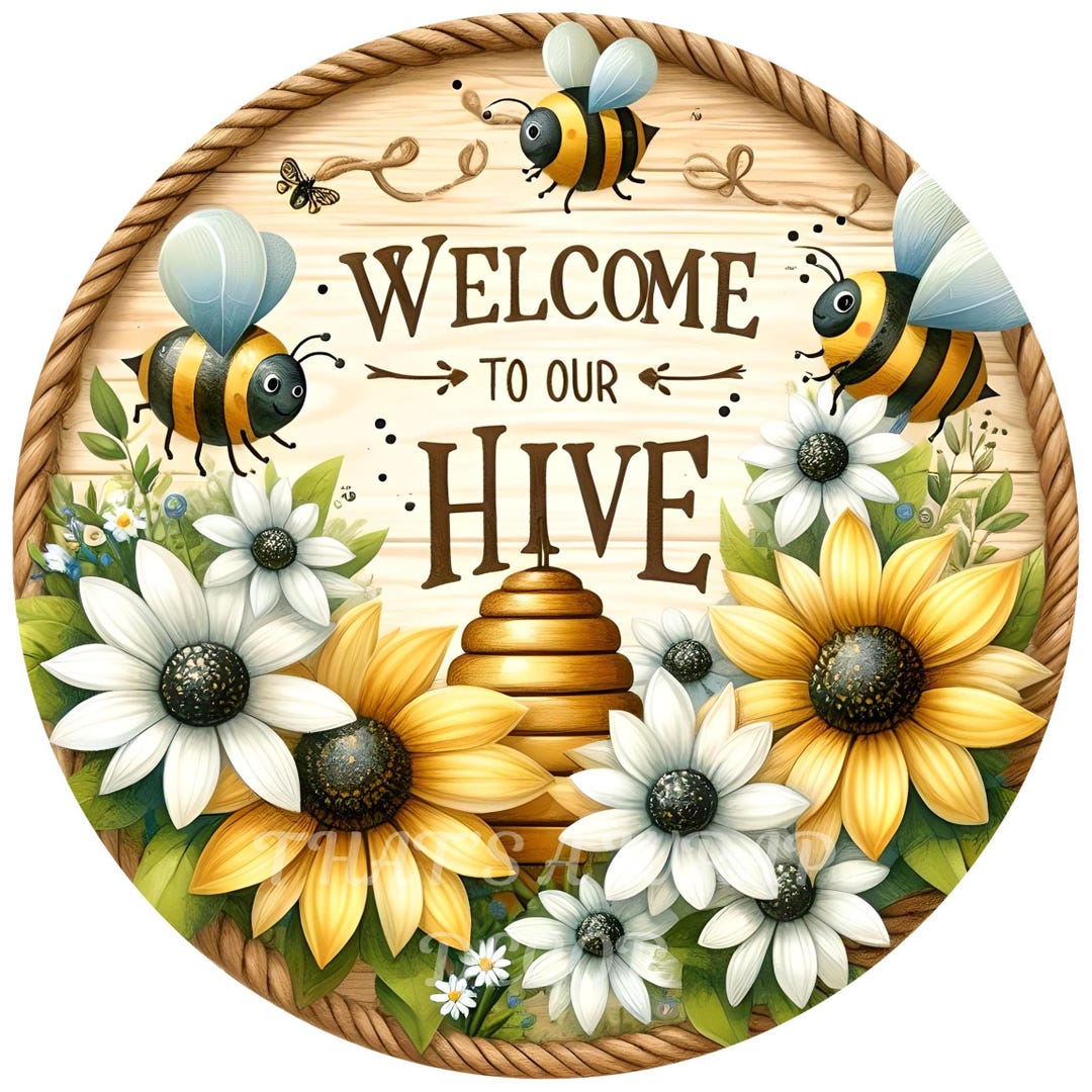 Welcome Bee Hive Wreath Sign, Wreath Attachment, Round Metal Sign ...