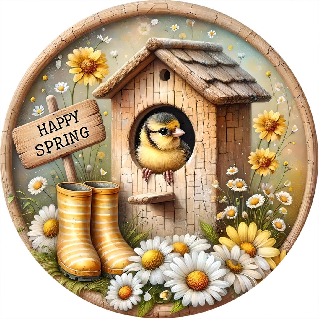 Happy Spring Finch Welcome Wreath Sign, Wreath Attachment, Round Metal ...