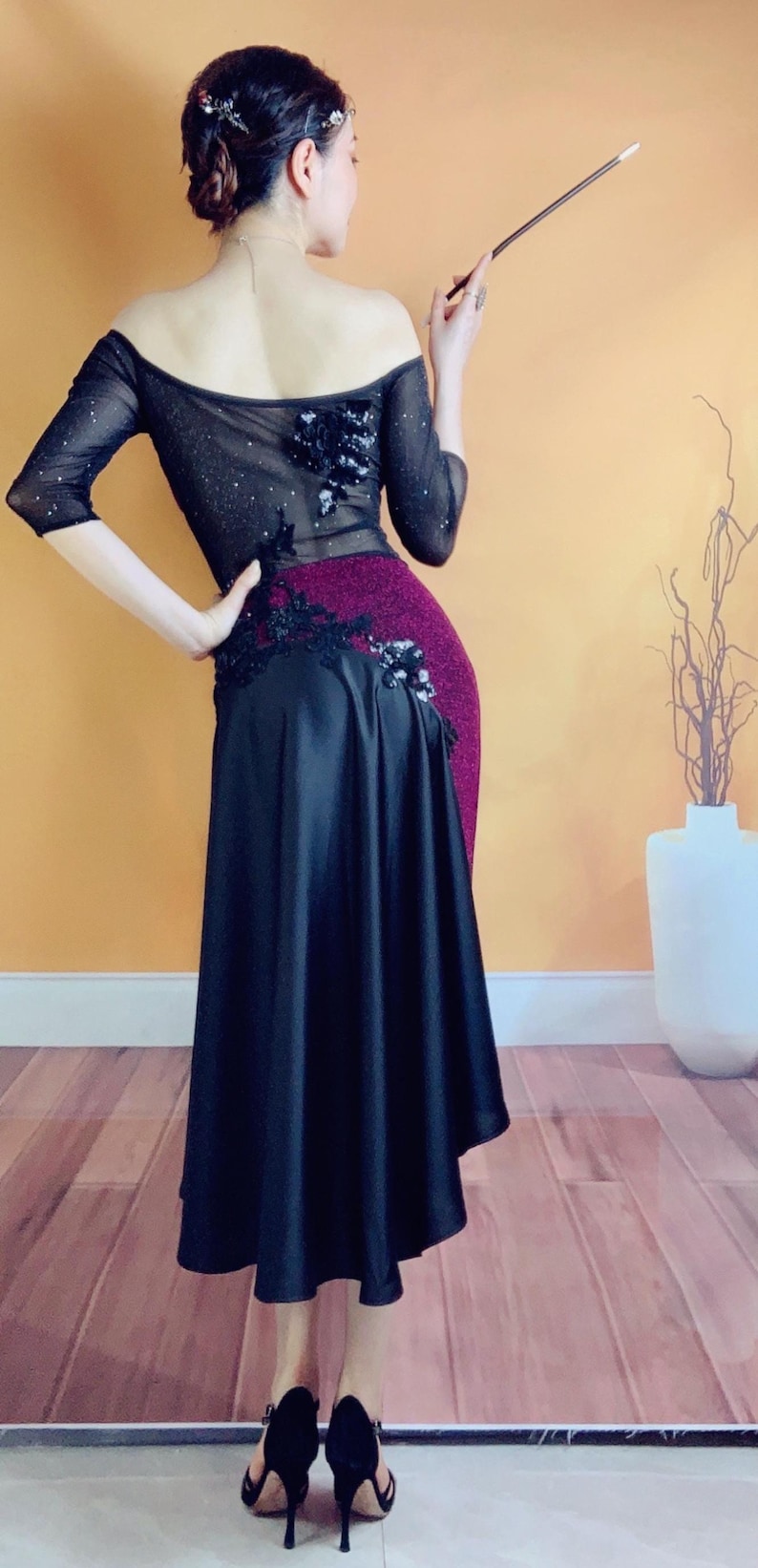 Asymmetric Off-shoulder Tango Dress – Mid-sleeve With Exquisite Sequin ...