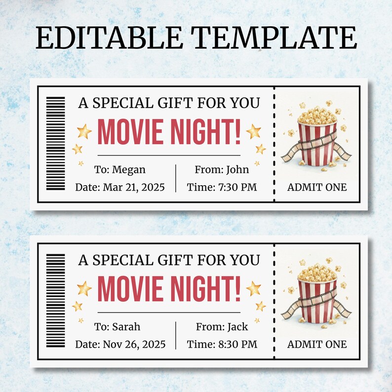 Editable Movie Night Ticket Template | Cinema Gift (pdf, Eps, Ai, Jpg ...