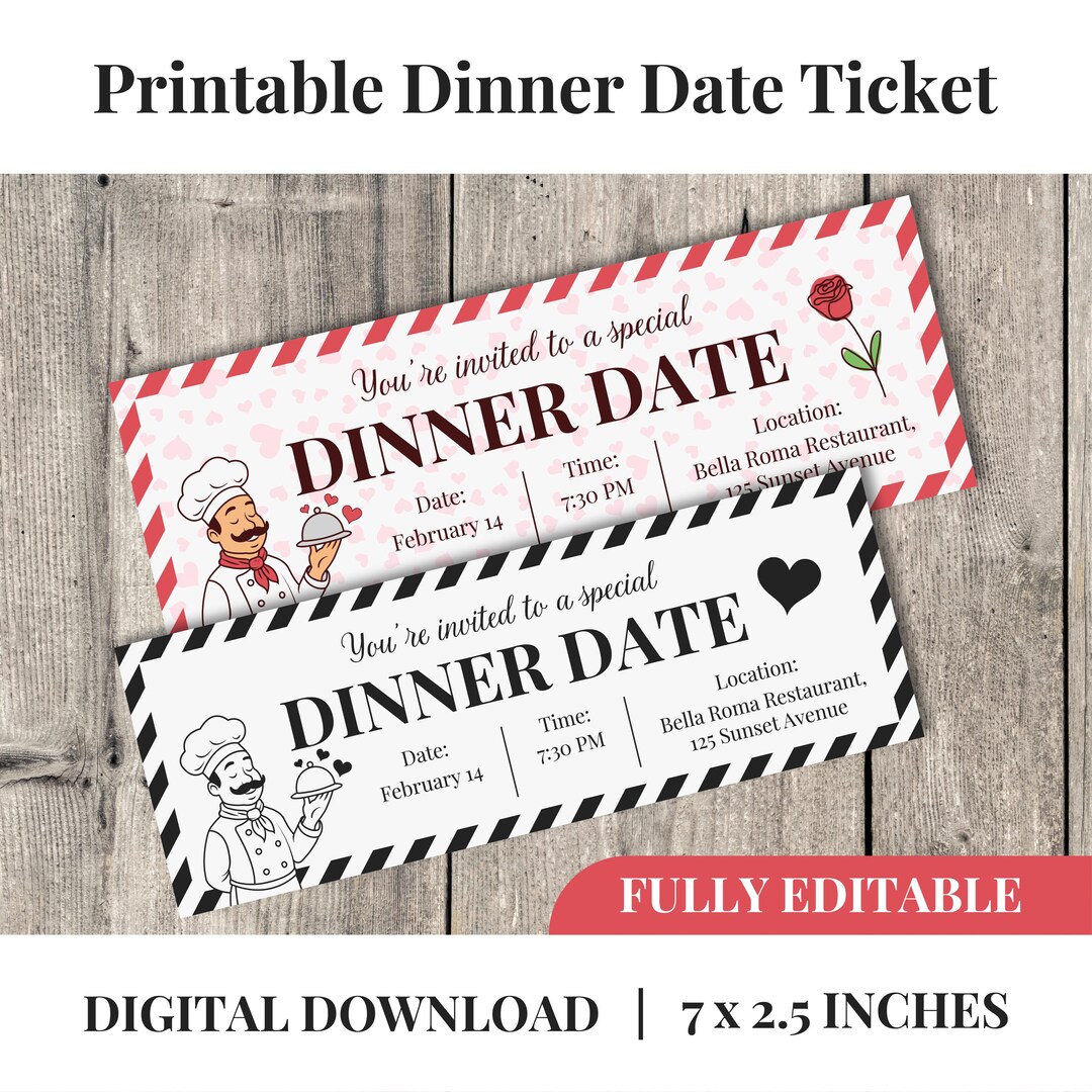Custom Dinner Date Ticket | Editable Gift Coupon (PDF, 7x2.5 Inches) - Etsy