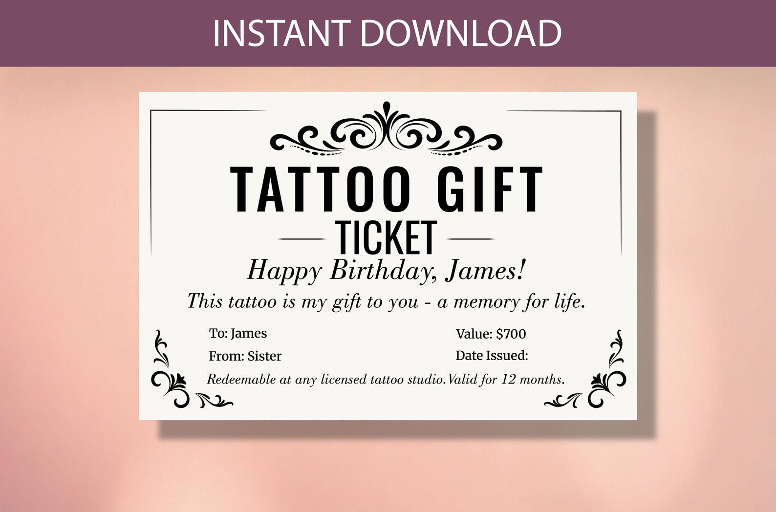 Personalized Tattoo Gift Ticket: Editable Birthday Voucher (PDF ...