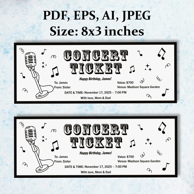 Custom Concert Ticket Gift – Printable Fake Ticket (pdf, Eps, Ai, Jpg ...