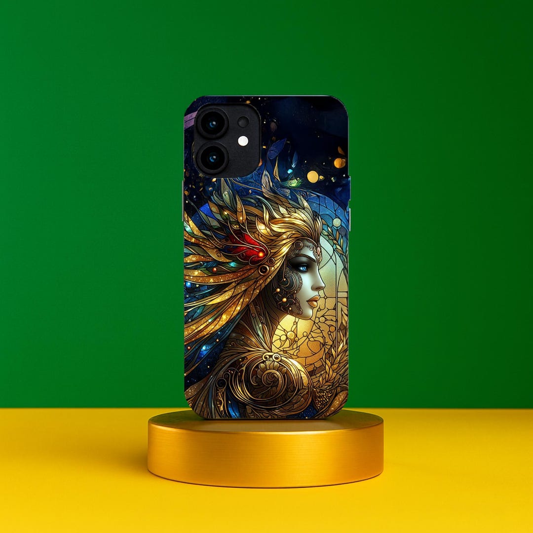 Phone Case, Regal Woman in Golden Armor Cosmic Pattern Tough Case ...