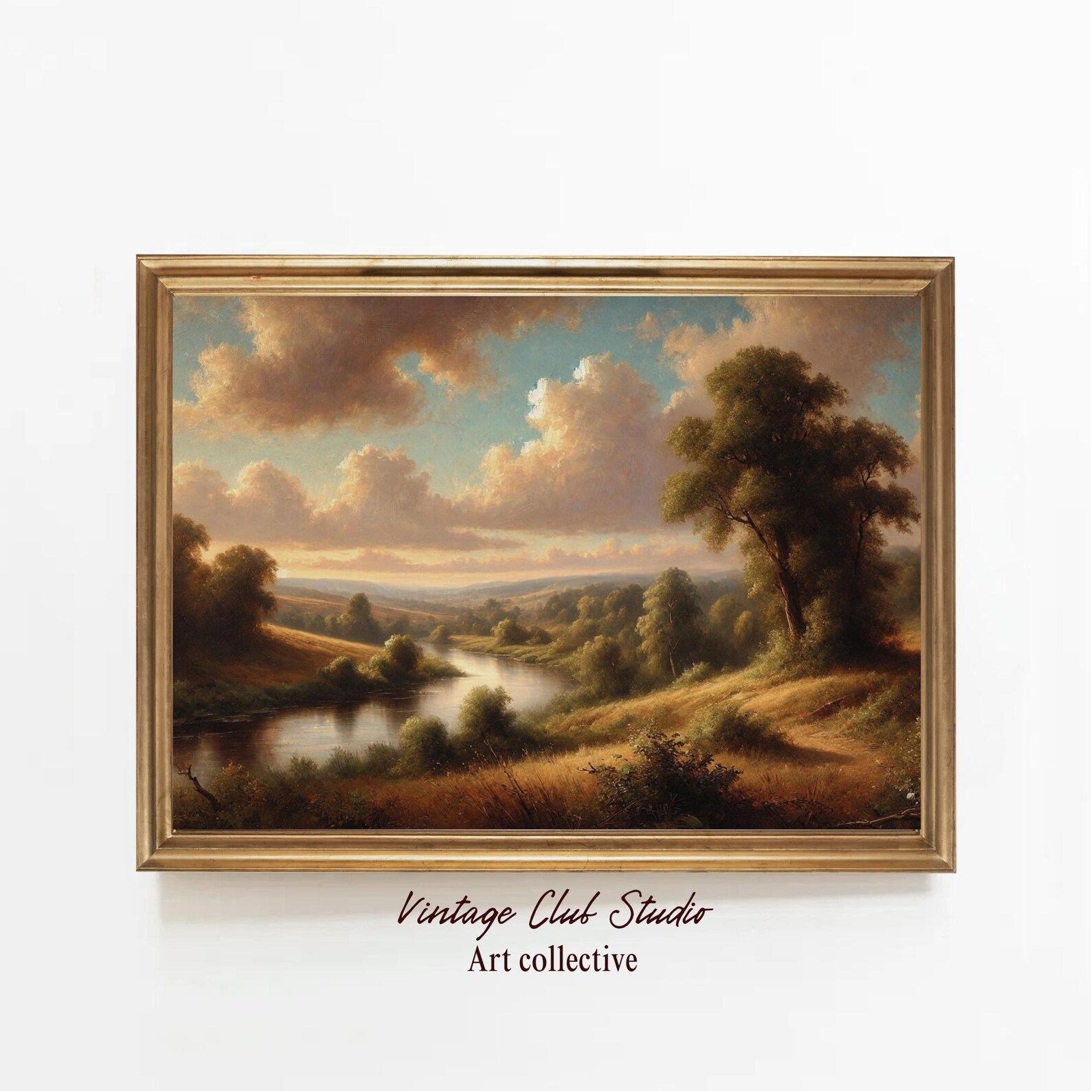 Vintage Landscape Wall Art, Serene Countryside River Scene, Digital ...