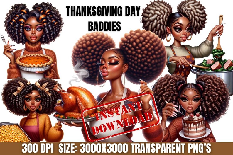 Thanksgiving Day Baddies • 10 PNG Clipart • Afrocentric Fall Cooking ...