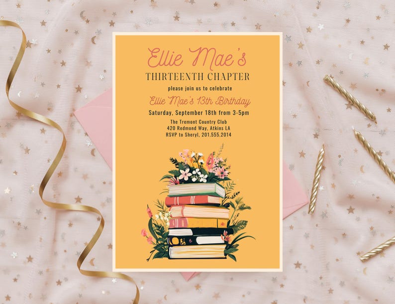 Rustic Floral Book Birthday Invitation Template Link Literature Party ...
