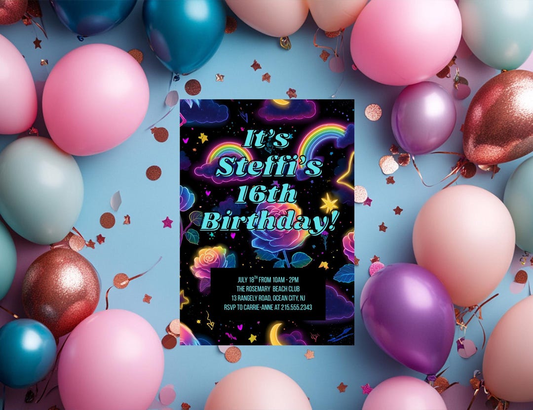 Editable Neon Birthday Party Invitation, Glow Birthday Party Invite ...