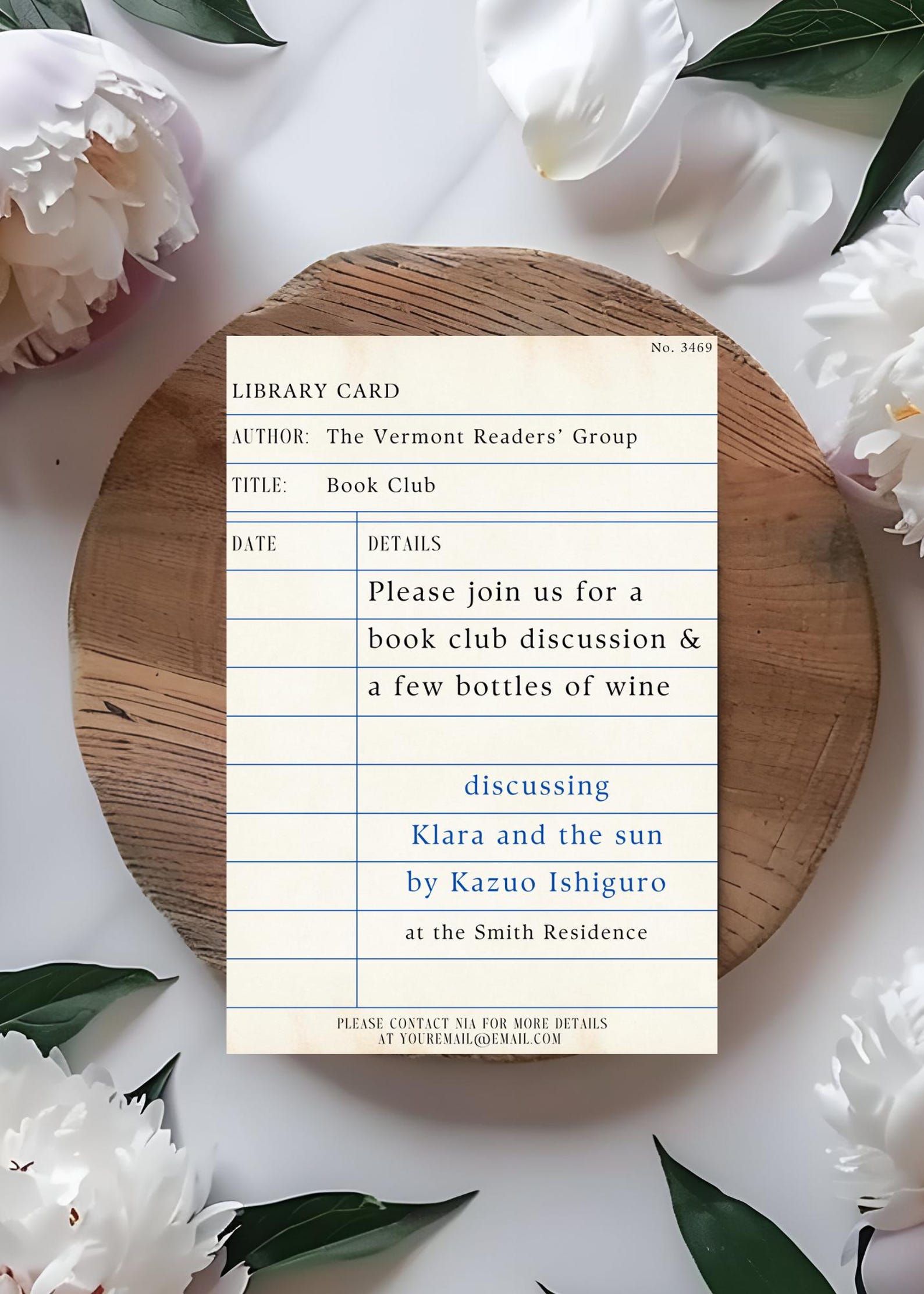Editable BOOK CLUB Invitation Template, Vintage Library Card Invite ...