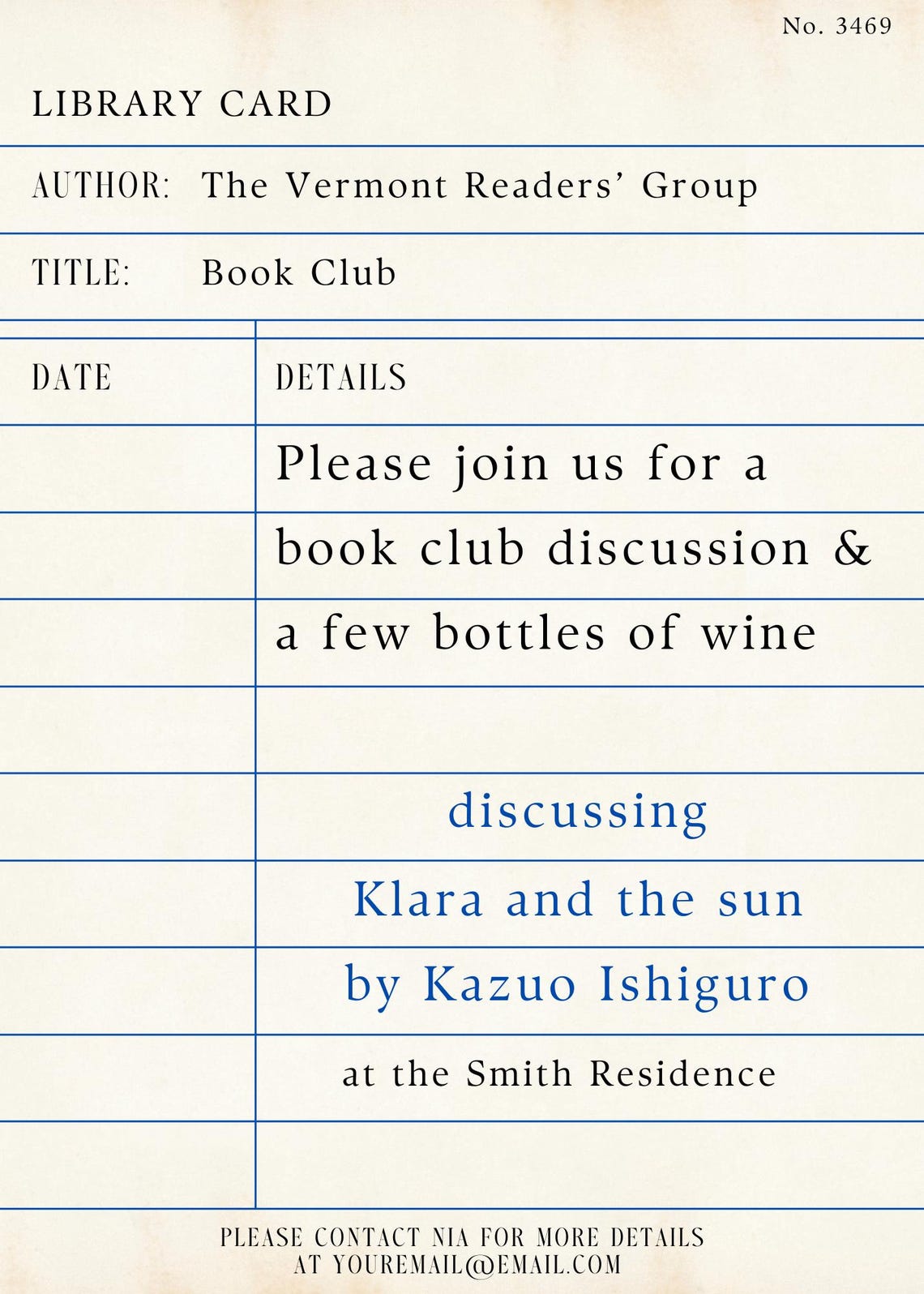 Editable BOOK CLUB Invitation Template, Vintage Library Card Invite ...