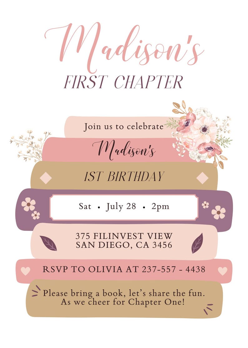 Storybook 1st Birthday Invitation, Editable Book Themed Party ...