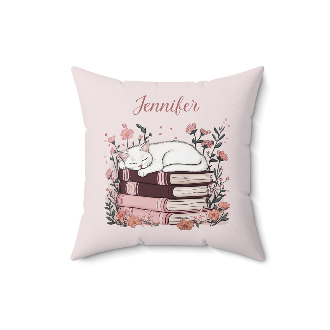 Girly Pink Cat Books Pillow for Book Lover, Personalized Pink Cat ...