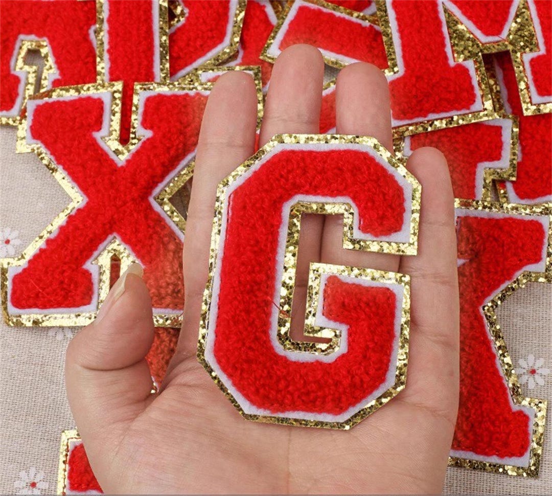 3.2 INCH Red Chenille Letters Patch With Gold Trim Glitters, Alphabet ...