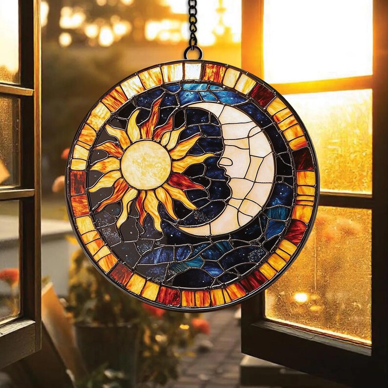 Sun & Moon Stained Glass Suncatcher, Sun and Moon With Faces, Window ...