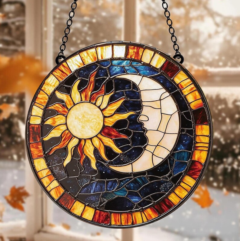 Sun & Moon Stained Glass Suncatcher, Sun and Moon With Faces, Window ...
