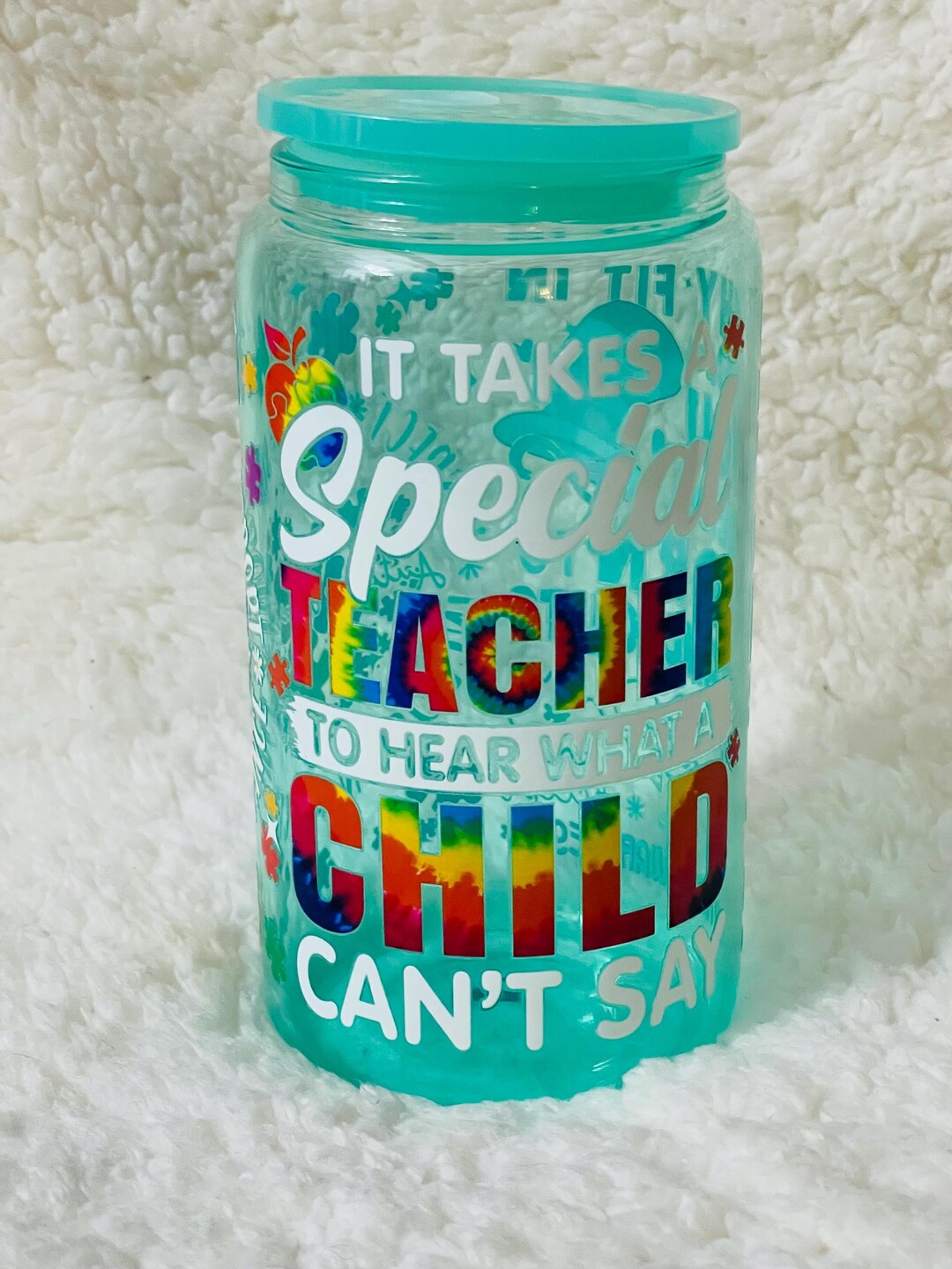 Autism, Cat in the Hat , Puzzle Pieces, Glass Cup, Holiday, Handmade ...