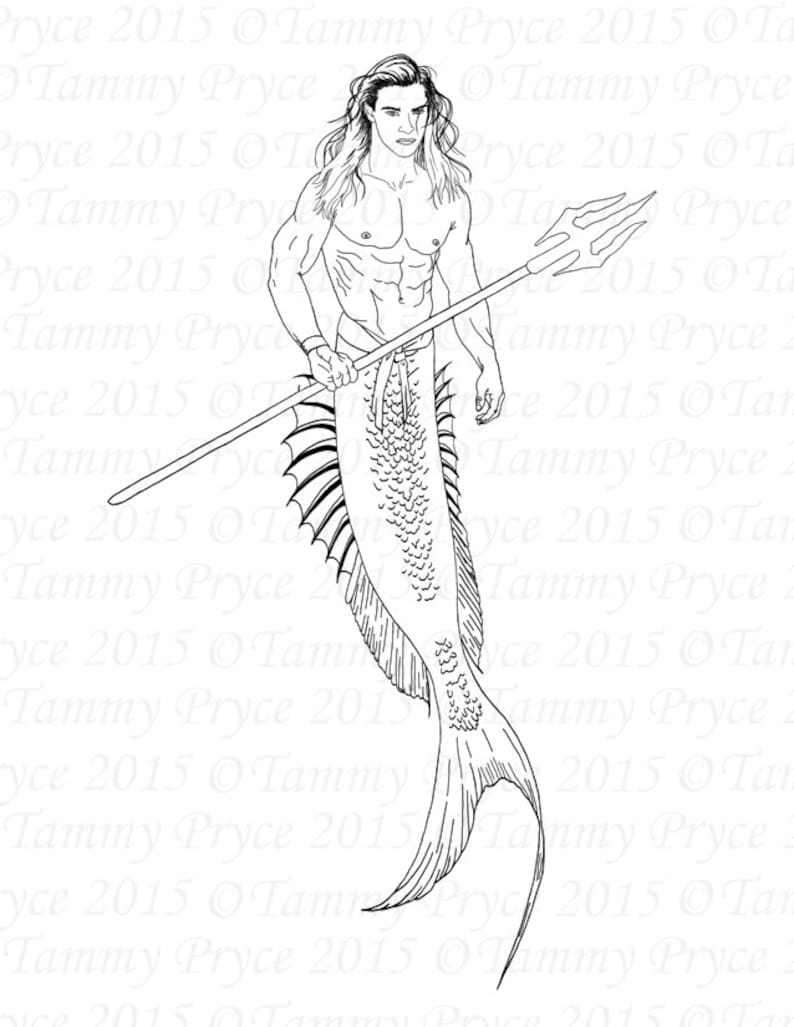 Fantasy Merman Adult Coloring Page Digi Stamp Instant Download | Etsy