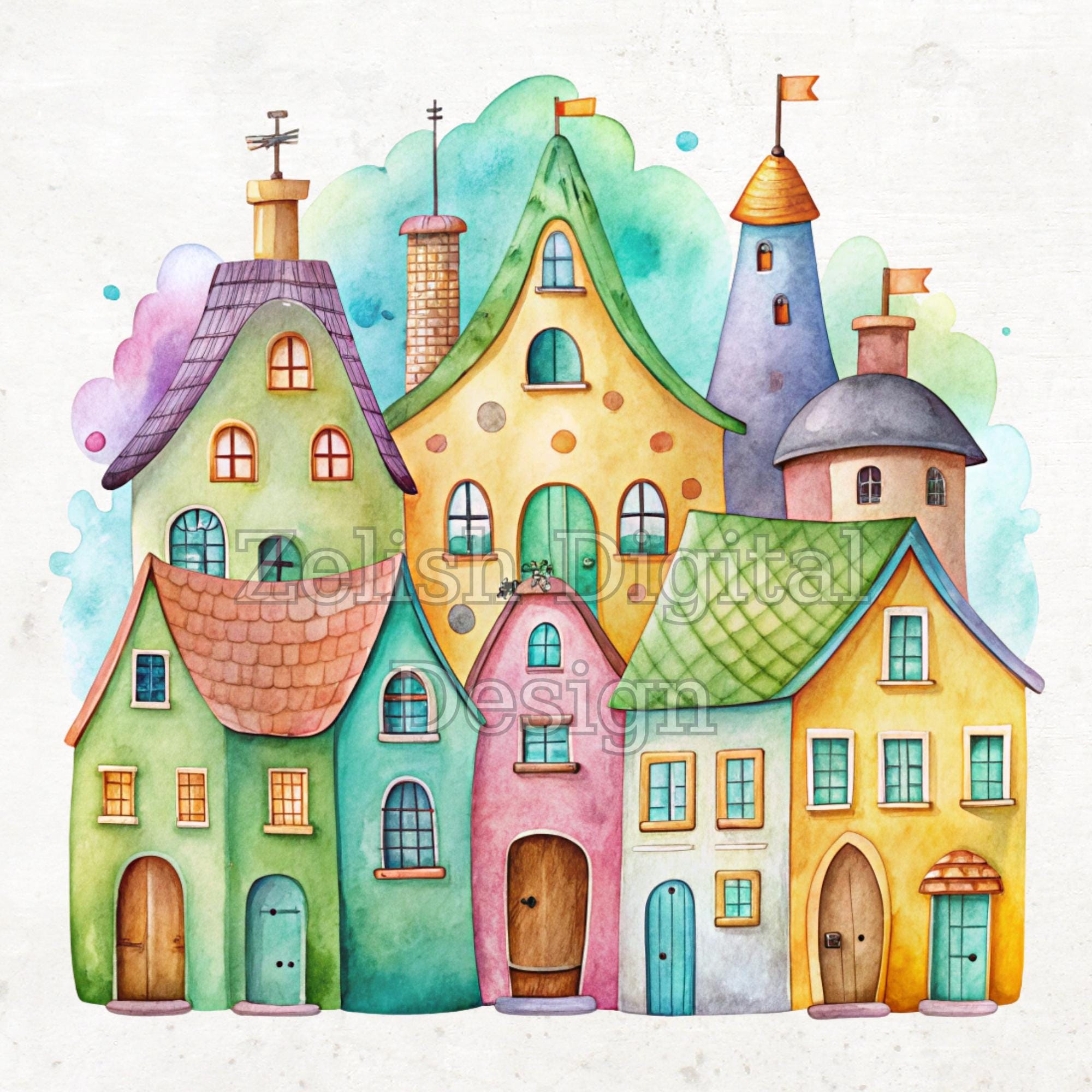 Watercolor Quirky Houses Clipart Bundle: 18 Colorful PNG Illustrations ...