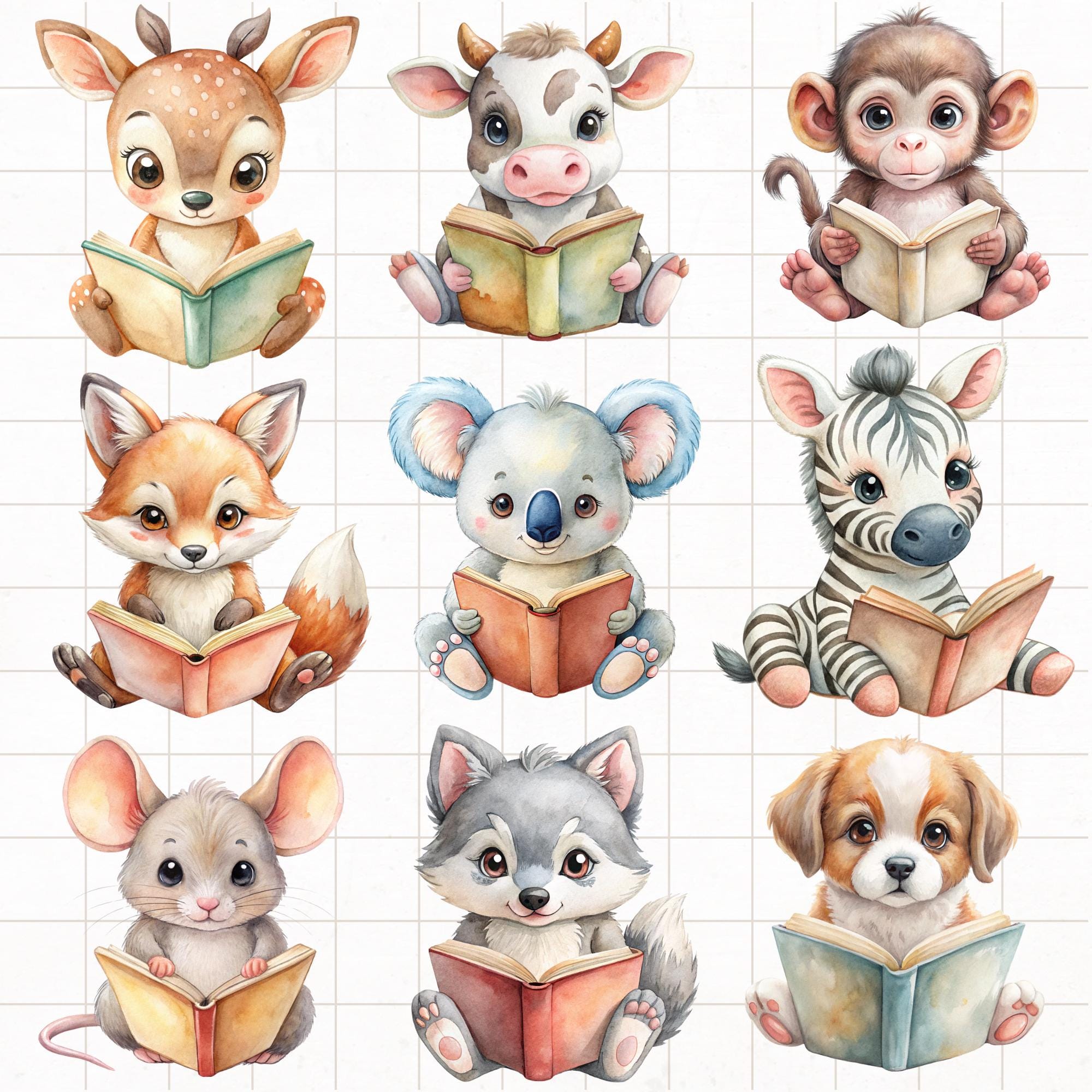 Watercolor Baby Animal Reading Clipart: Bookish Nursery Decor (PNG ...
