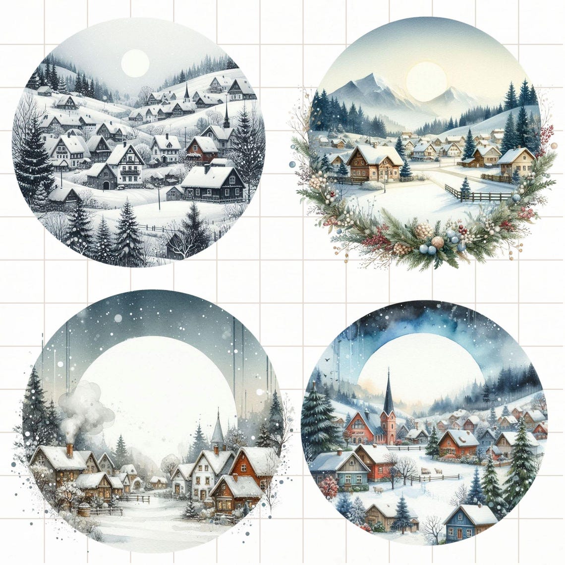 Watercolor Christmas Village Clipart Bundle: 24 PNG Winter Scenes ...