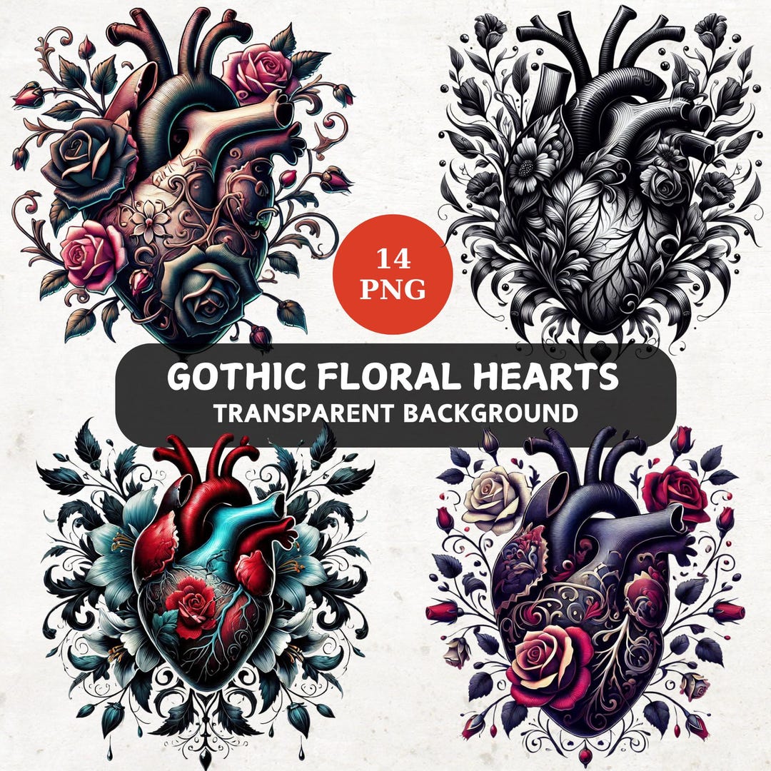 Gothic Floral Heart Clipart, 14 Anatomical Valentines Heart Png ...