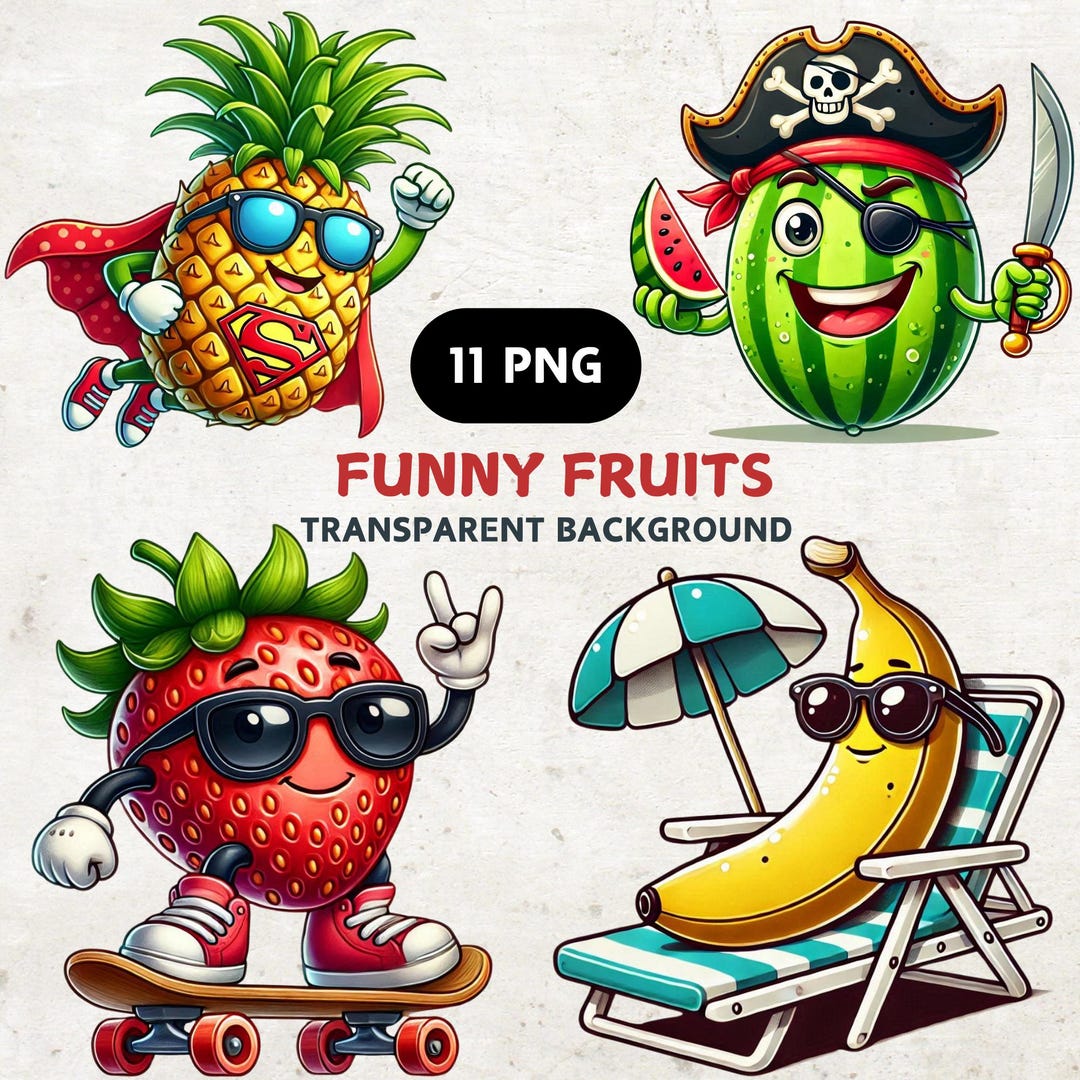 Funny Fruit Clipart Bundle, 11 Transparent Background Png, Fruit ...