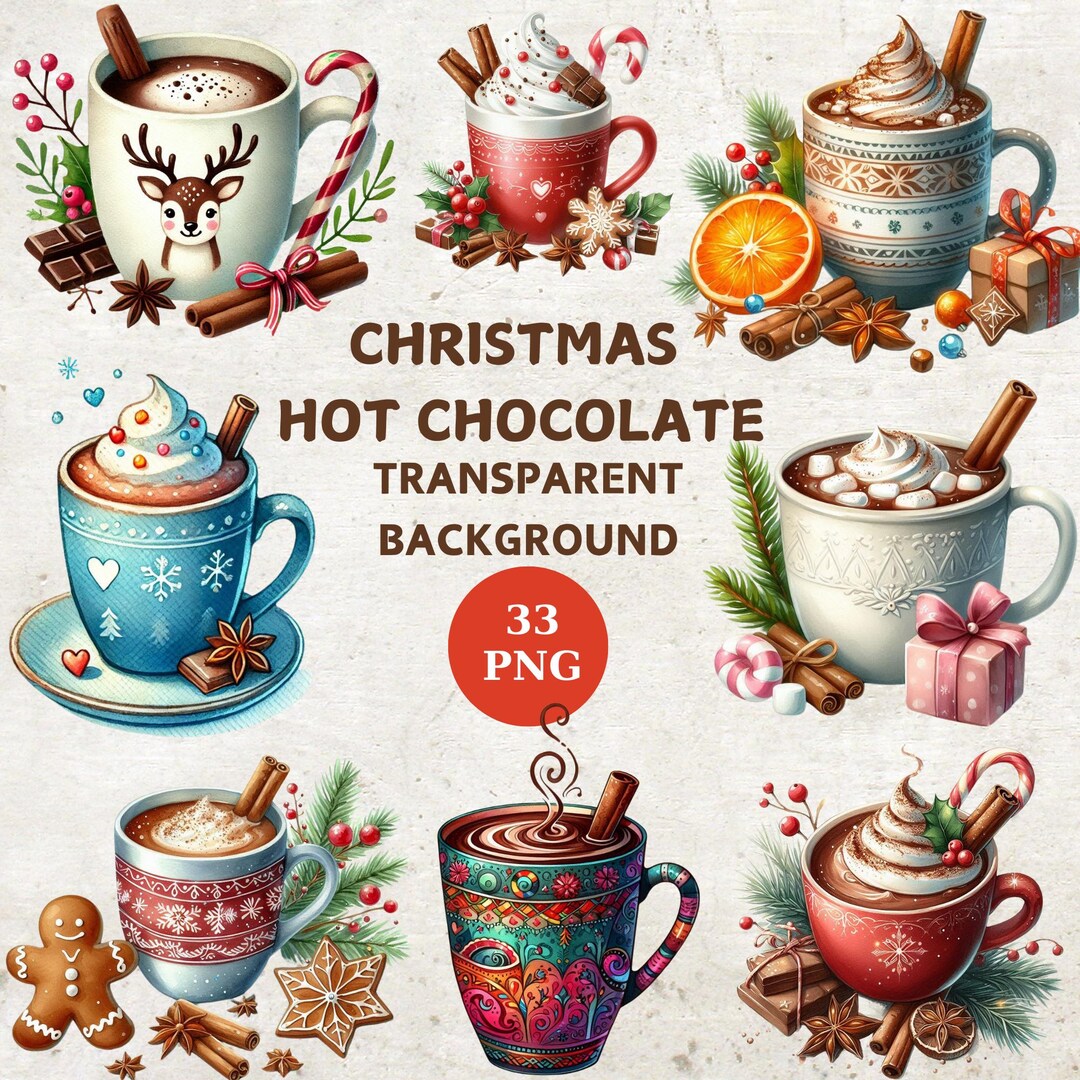 Watercolor Christmas Hot Chocolate Clipart Bundle, 33 Png Images ...