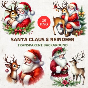 20 Santa Claus and Reindeer Christmas Watercolor Clipart, Cute Santa ...