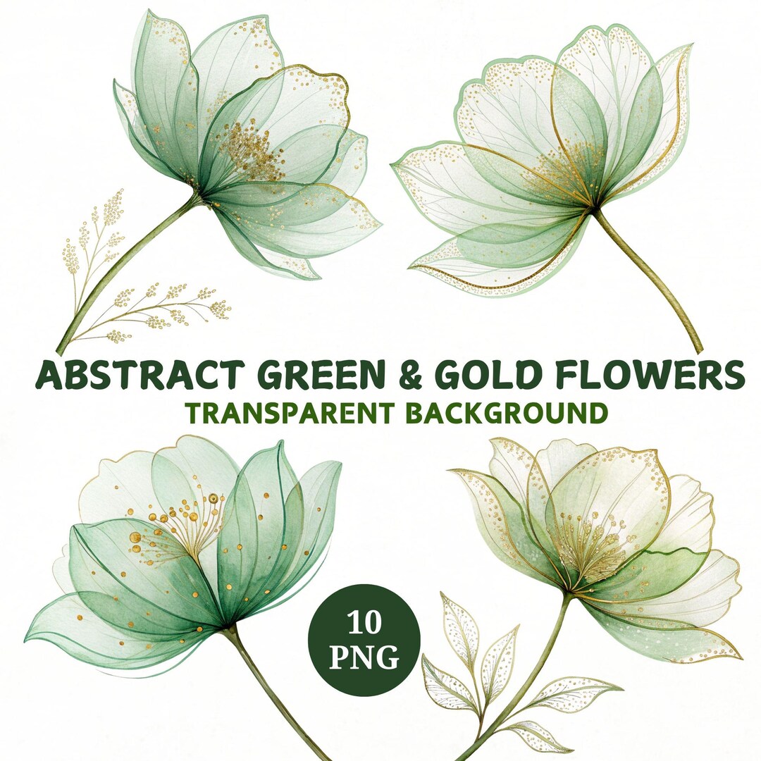 Watercolor Green & Gold Flowers Clipart: Abstract Floral PNG Bundle ...