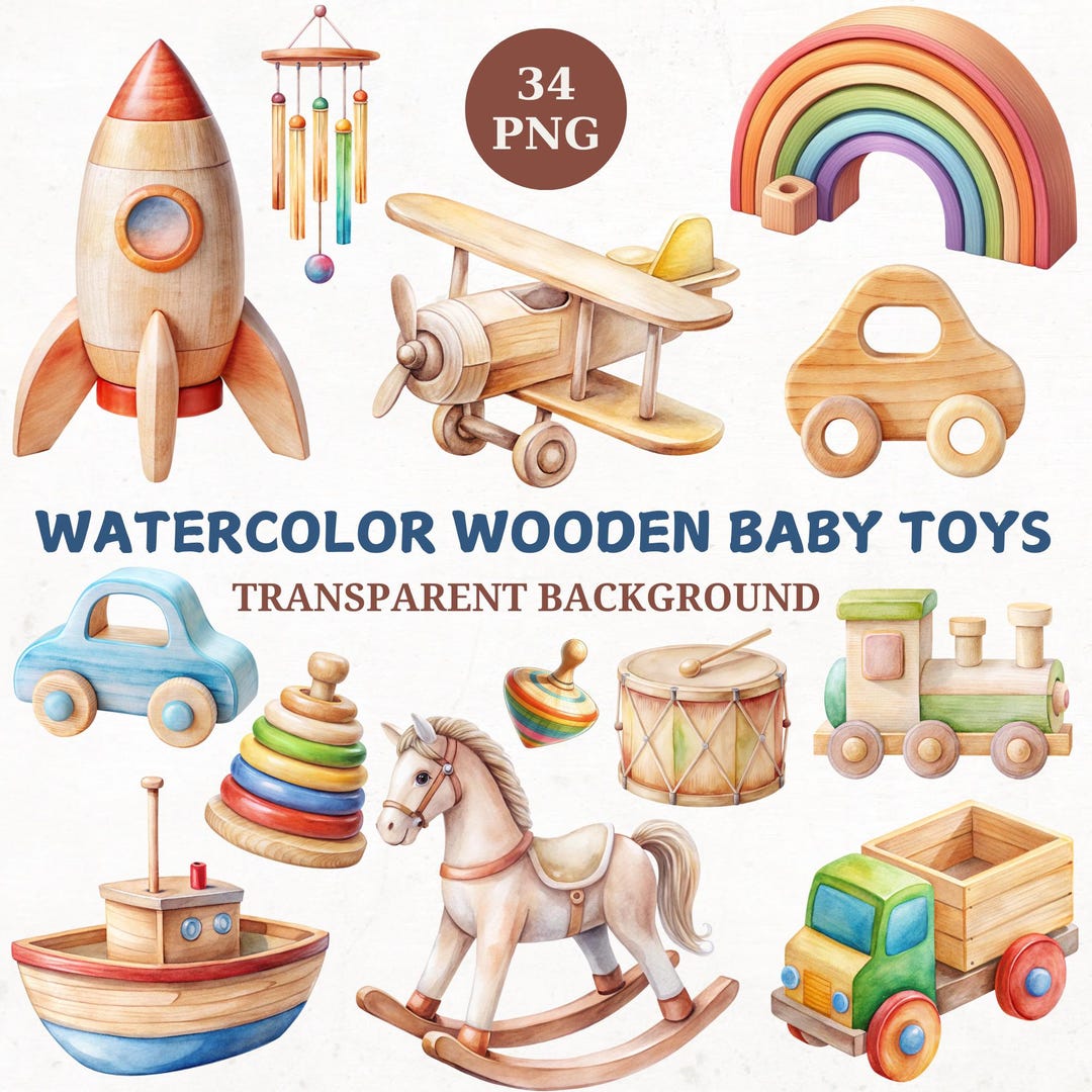 Watercolor Wooden Baby Toys Clipart Bundle: 34 PNG Illustrations ...