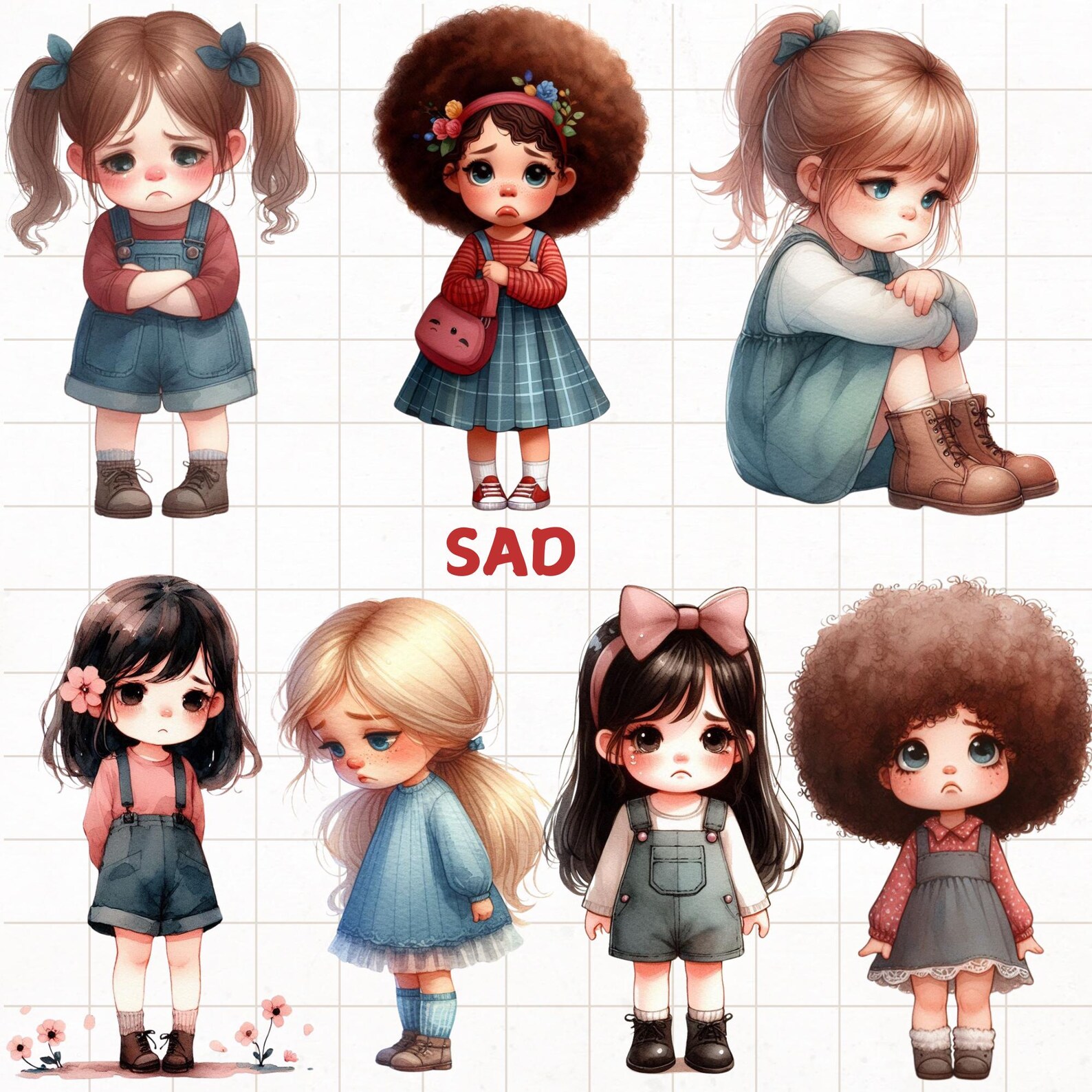 Watercolor Girl Emotions Clipart Bundle, Kids Facial Expressions, 64 ...