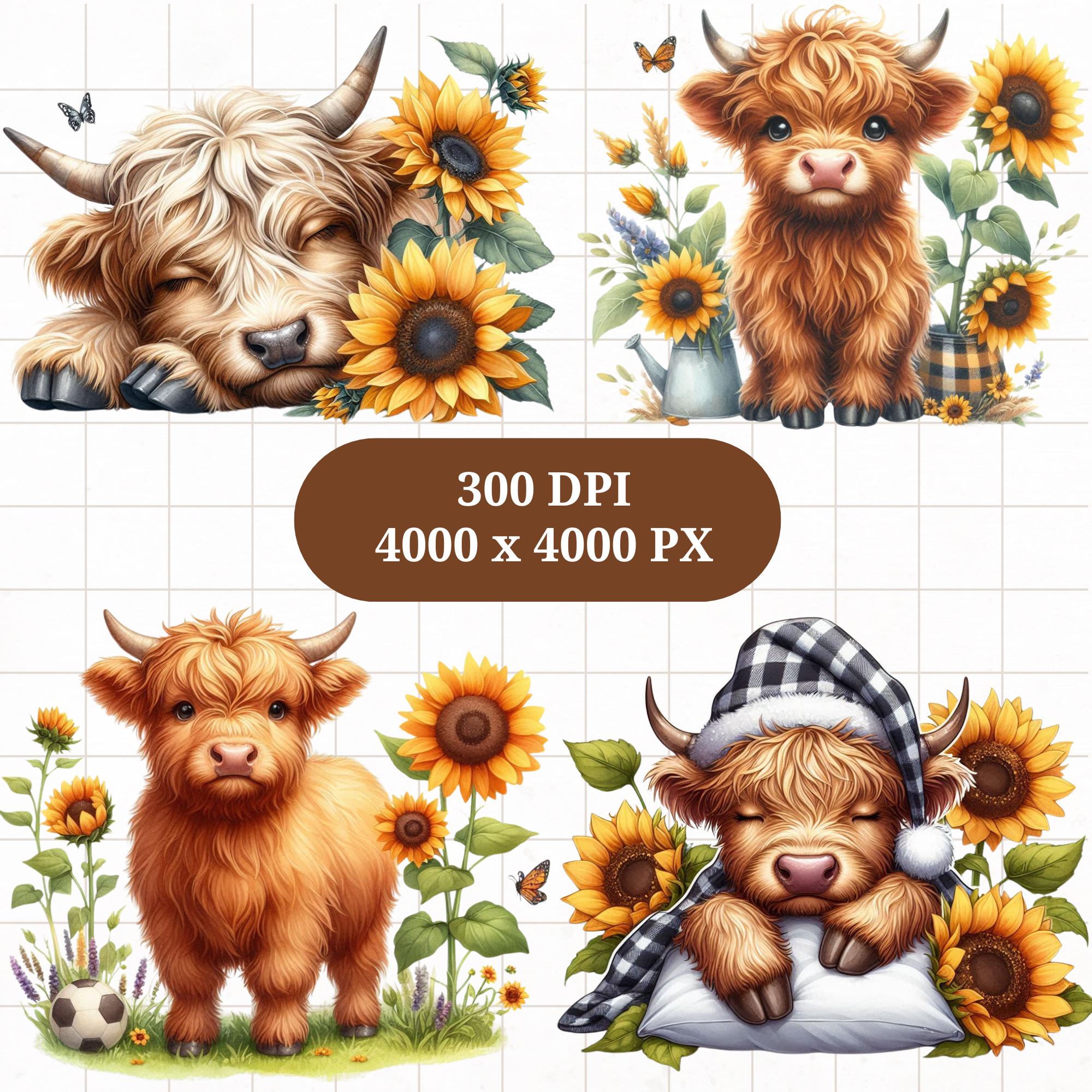 Watercolor Highland Cow Sunflower Clipart: 20 PNG Bundle - Etsy