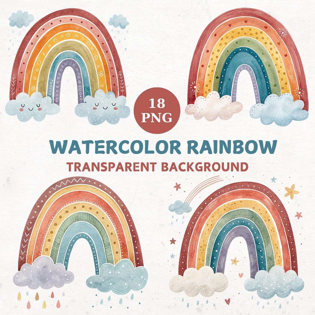Watercolor Rainbow Clipart Bundle: 18 Nursery PNG Designs (digital ...